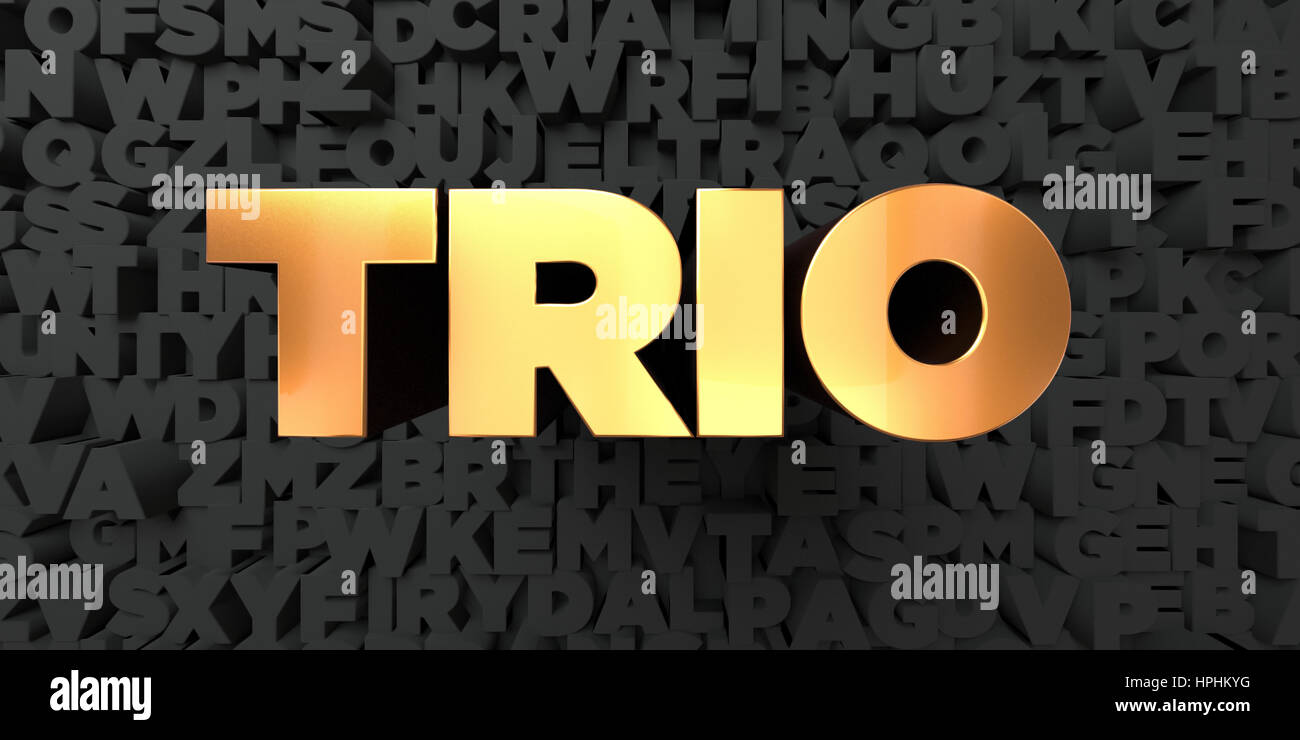 Trio - Gold text on black background - 3D rendered royalty free stock ...