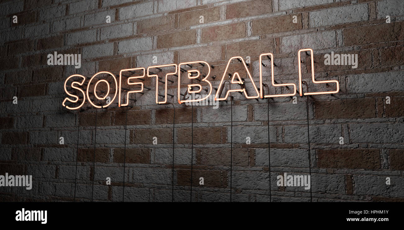 SOFTBALL - Glowing Neon Sign on stonework wall - 3D rendered royalty ...