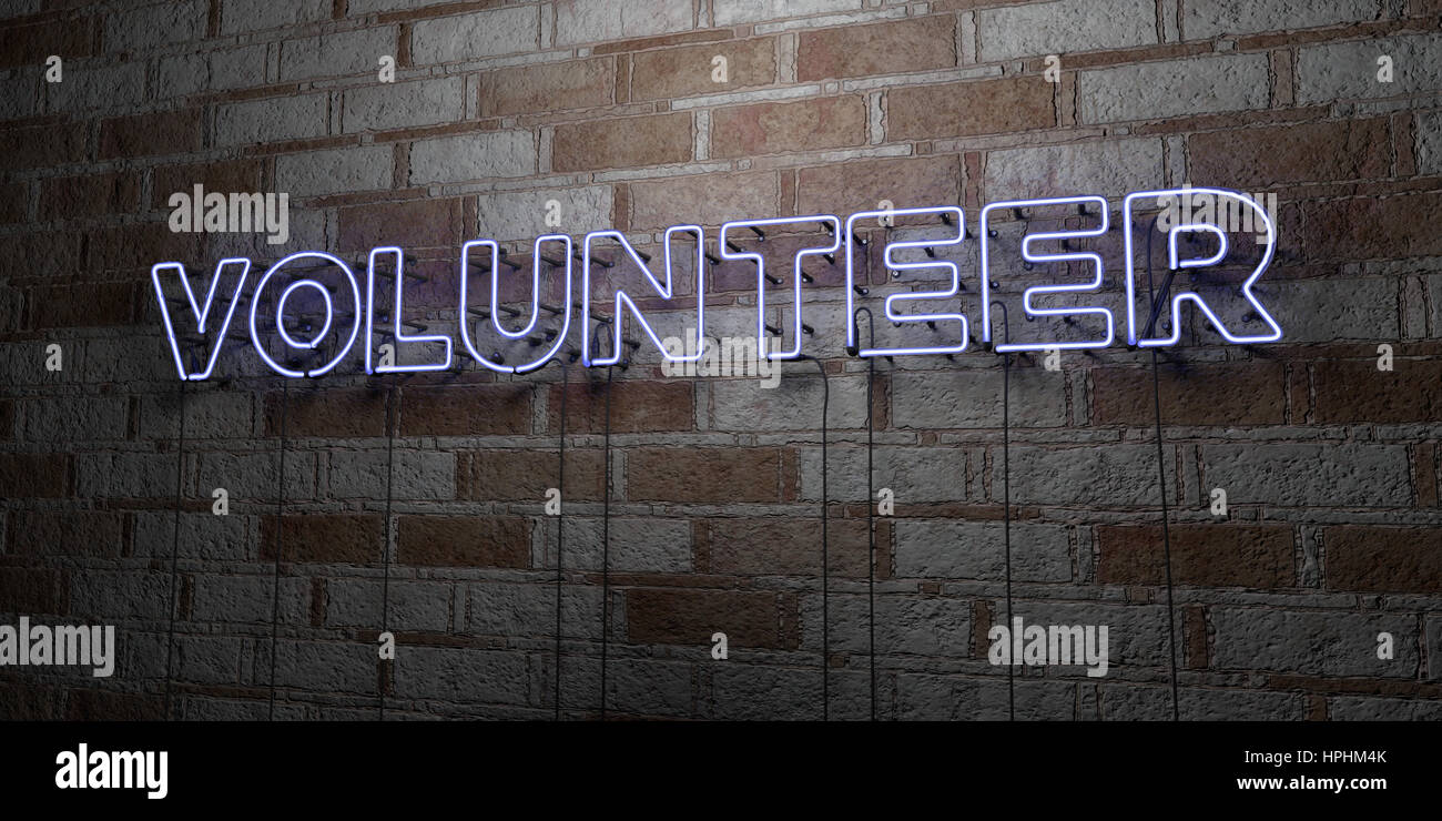 VOLUNTEER - Glowing Neon Sign on stonework wall - 3D rendered royalty ...