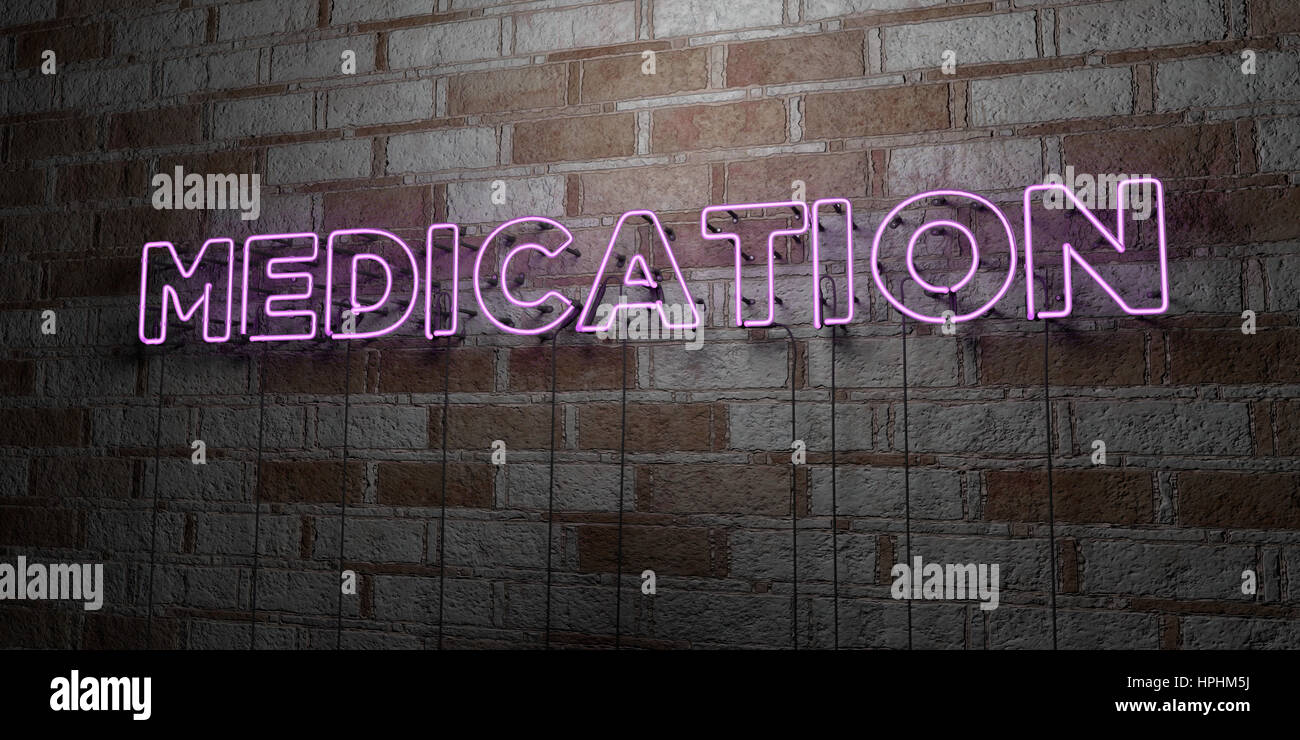 MEDICATION - Glowing Neon Sign on stonework wall - 3D rendered royalty ...