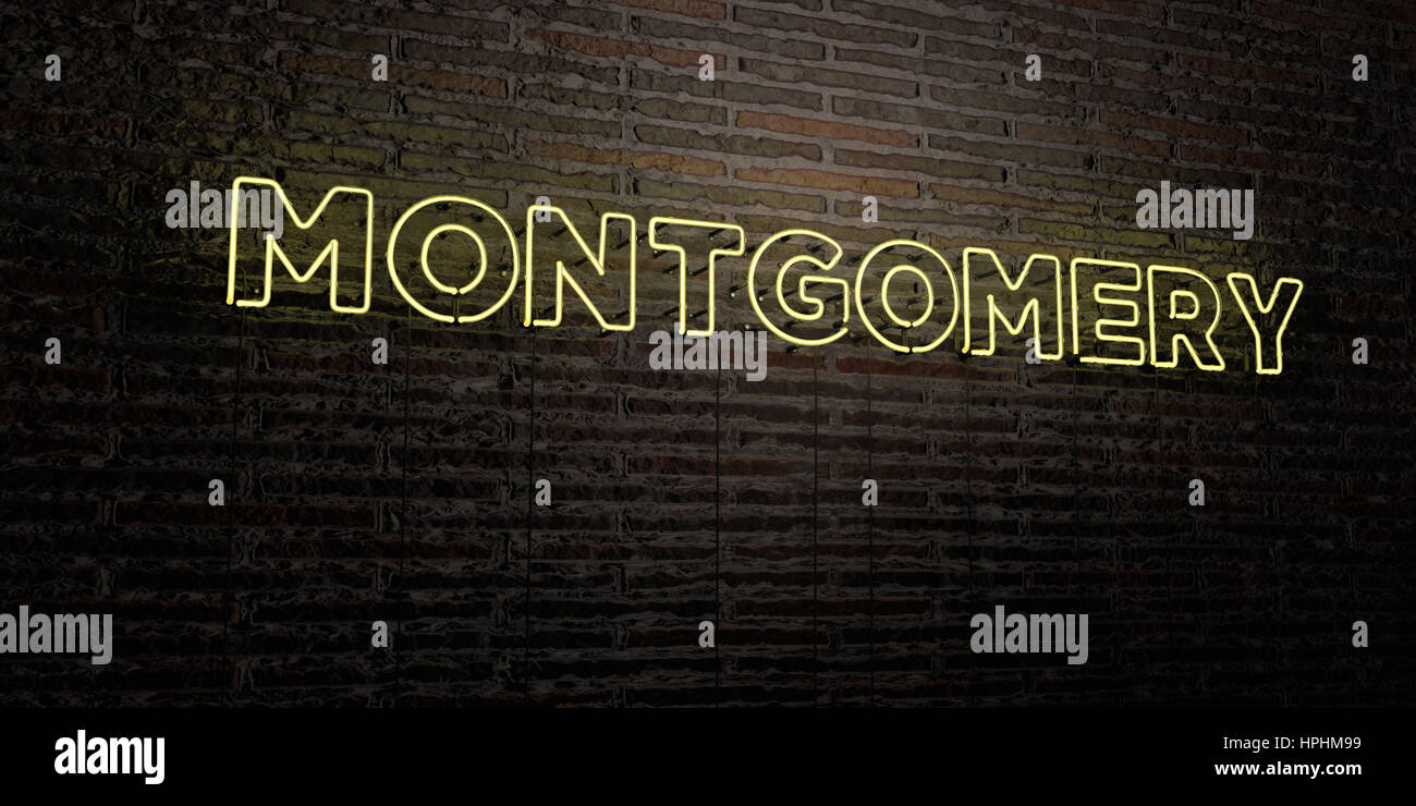 MONTGOMERY -Realistic Neon Sign on Brick Wall background - 3D rendered ...