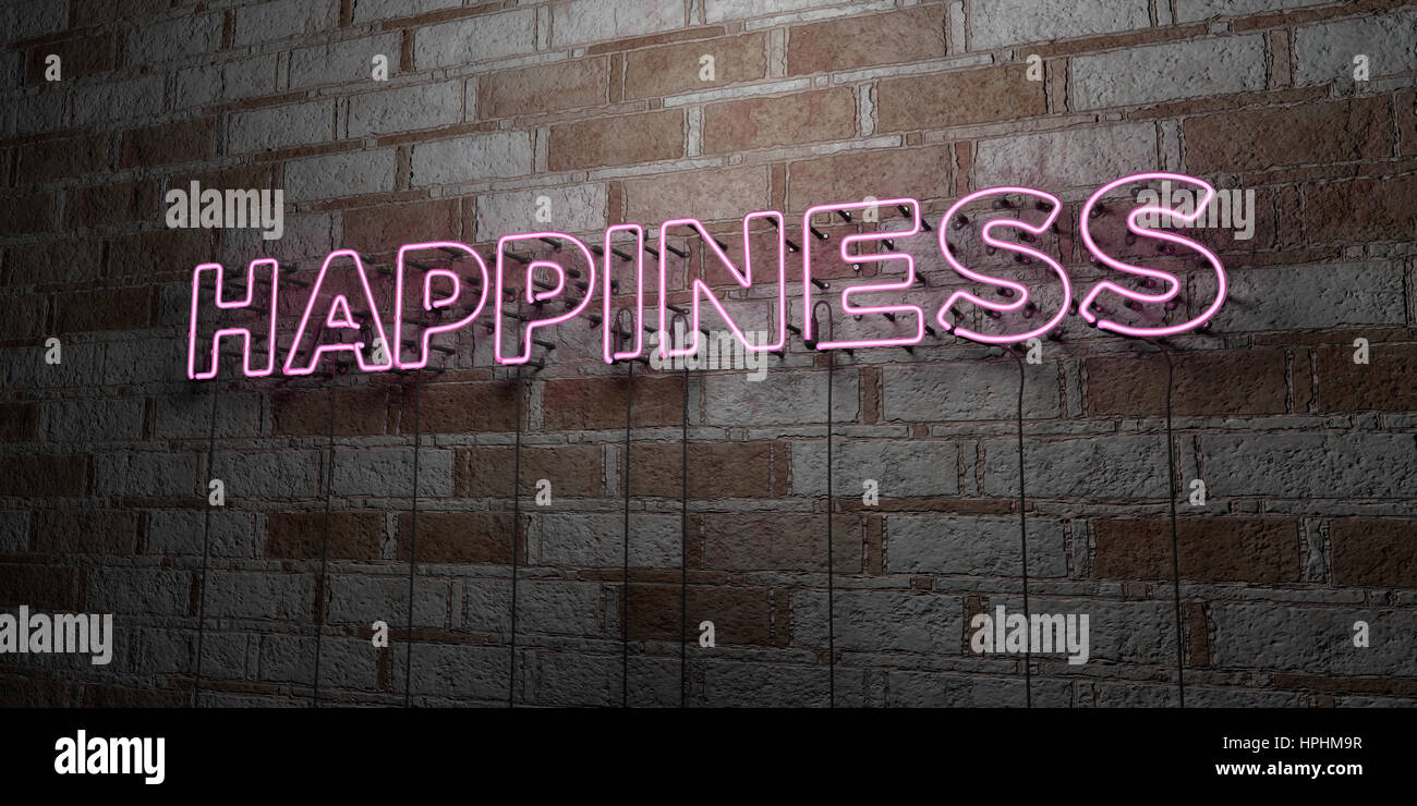 HAPPINESS - Glowing Neon Sign on stonework wall - 3D rendered royalty ...