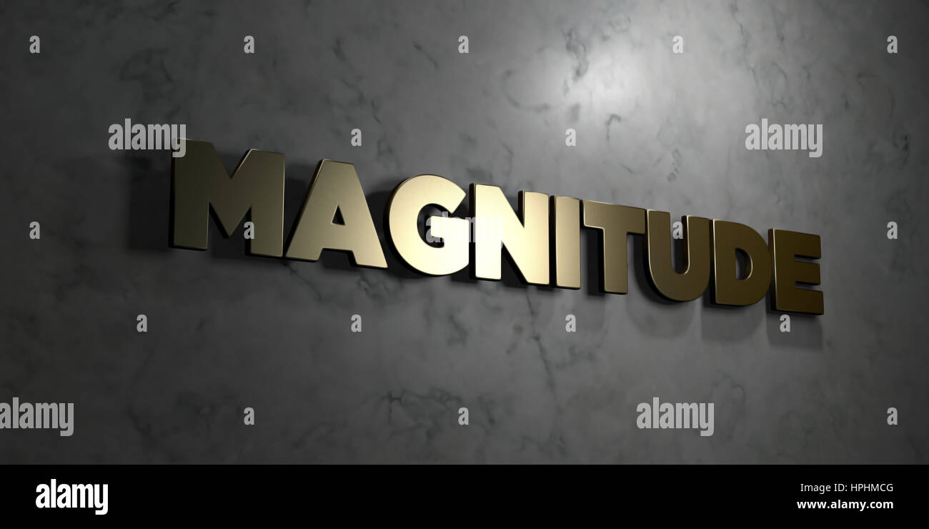 Magnitude - Gold text on black background - 3D rendered royalty free ...