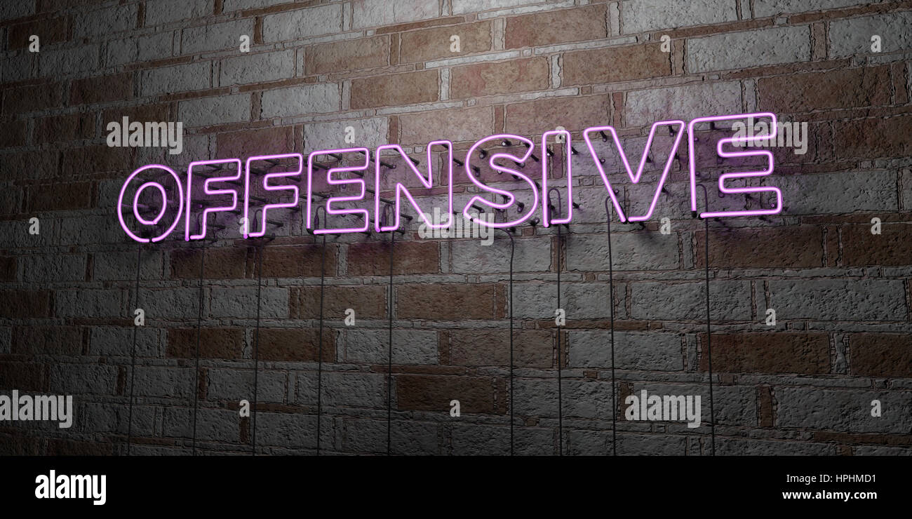 OFFENSIVE - Glowing Neon Sign on stonework wall - 3D rendered royalty ...