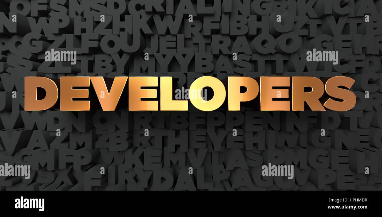 Developers - Gold text on black background - 3D rendered royalty free ...