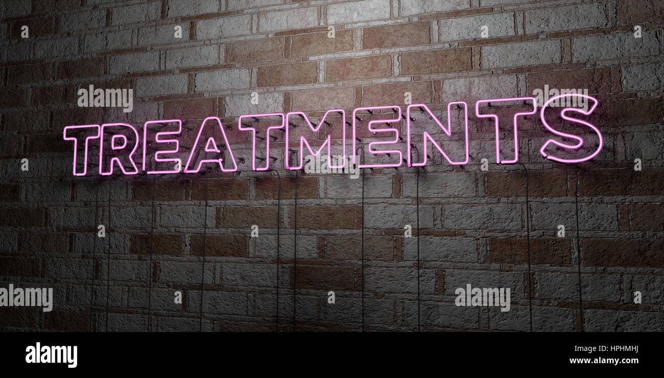 TREATMENTS - Glowing Neon Sign on stonework wall - 3D rendered royalty ...