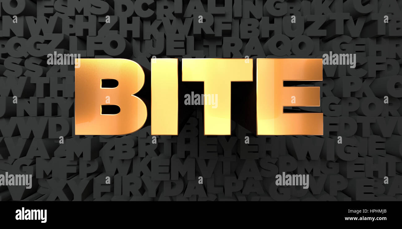 Bite - Gold text on black background - 3D rendered royalty free stock ...