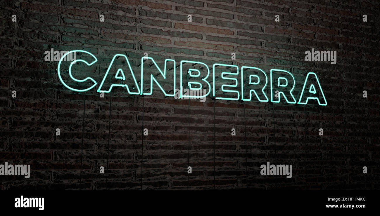 CANBERRA -Realistic Neon Sign on Brick Wall background - 3D rendered ...