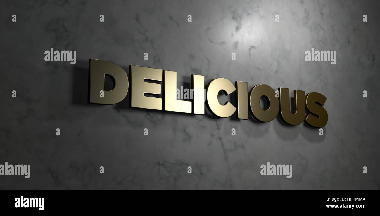 Delicious - Gold text on black background - 3D rendered royalty free ...