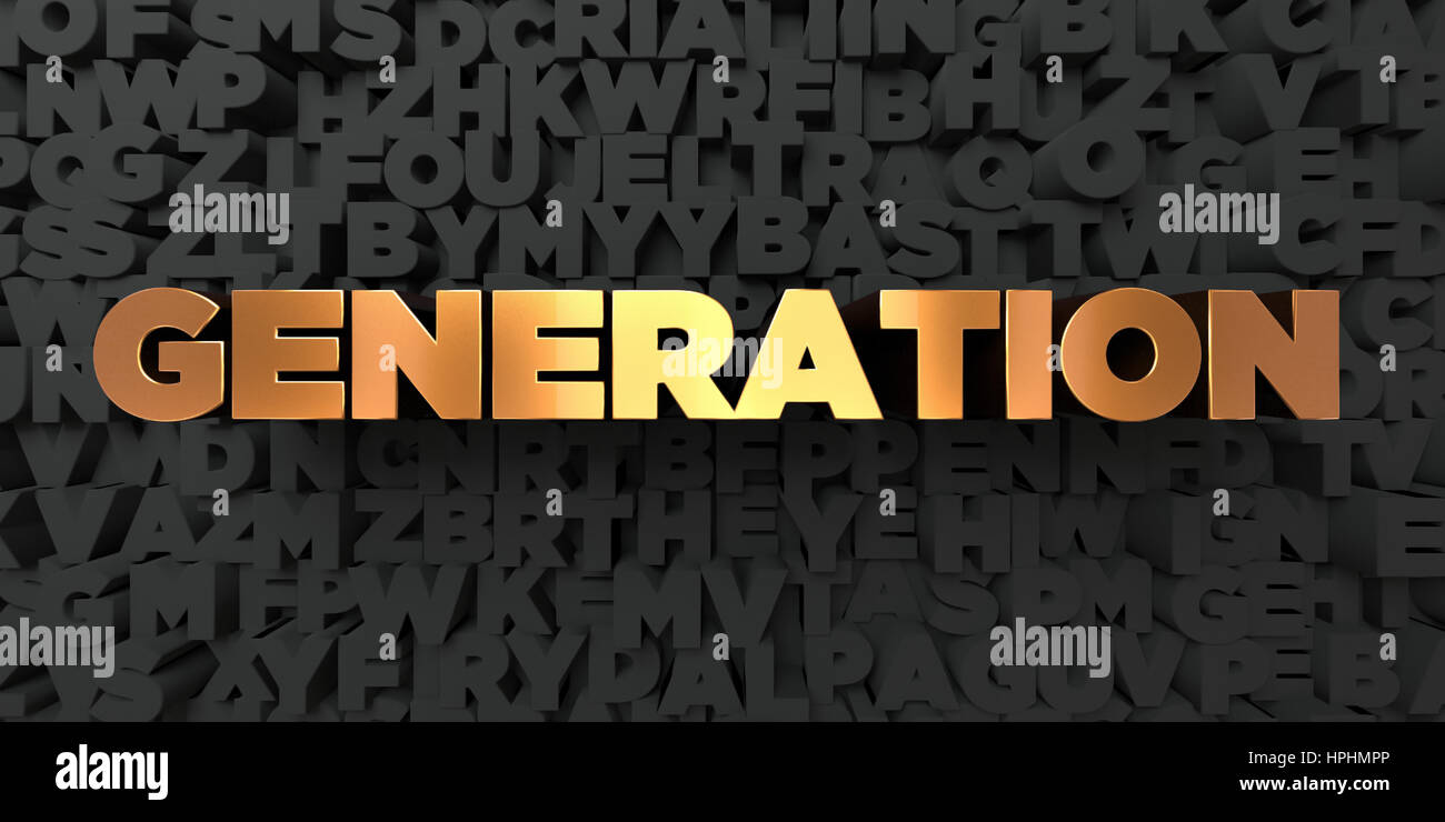 Generation - Gold text on black background - 3D rendered royalty free ...