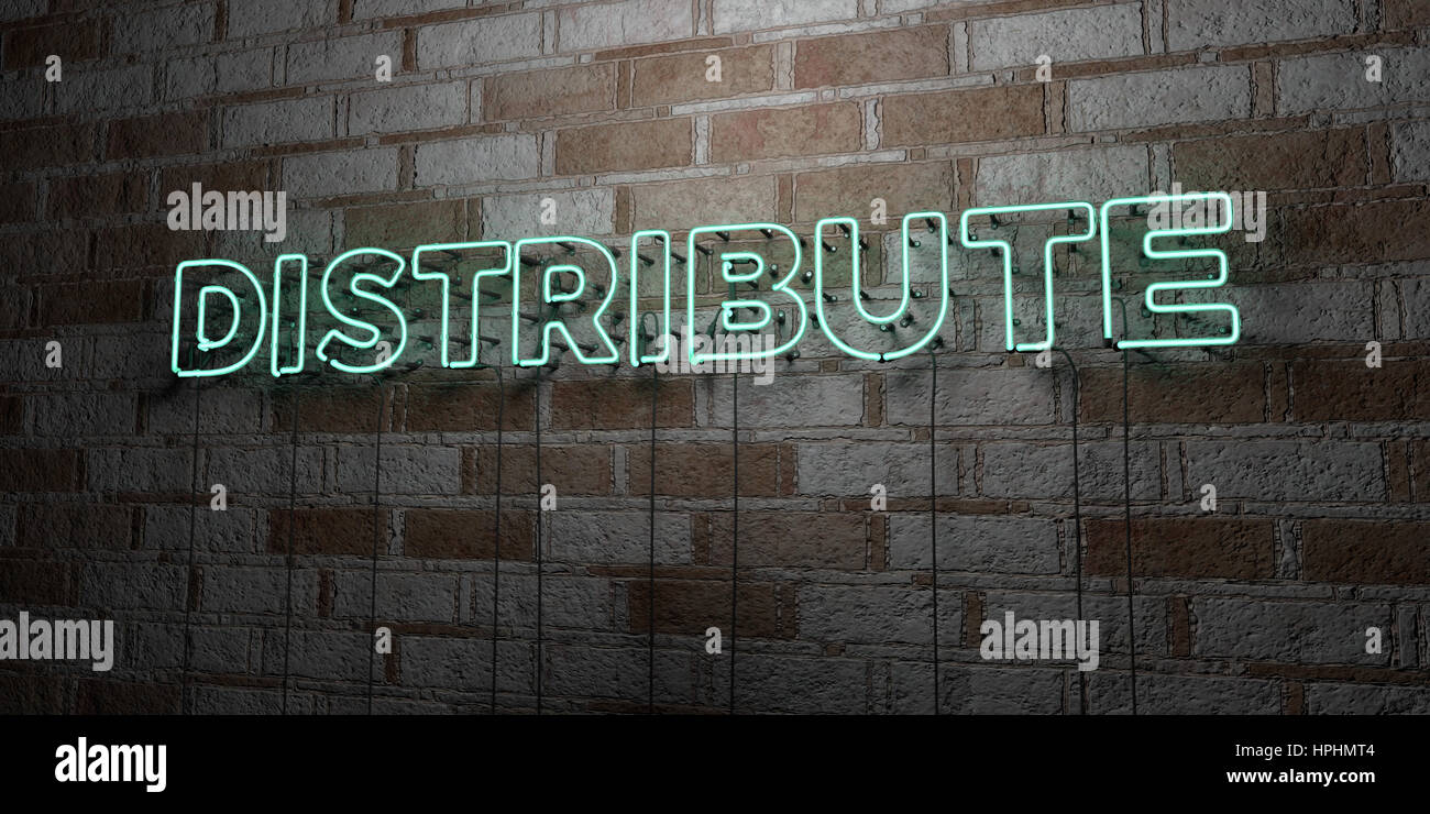 DISTRIBUTE - Glowing Neon Sign on stonework wall - 3D rendered royalty ...