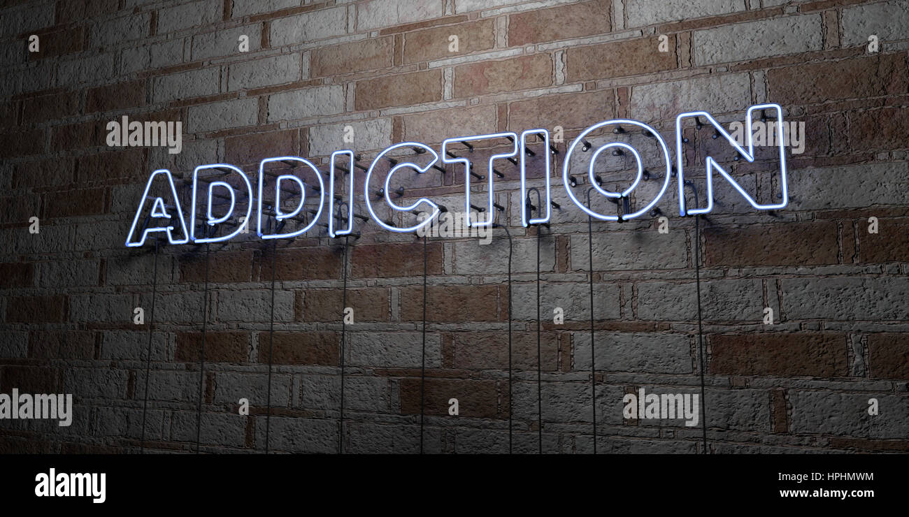 ADDICTION - Glowing Neon Sign on stonework wall - 3D rendered royalty ...