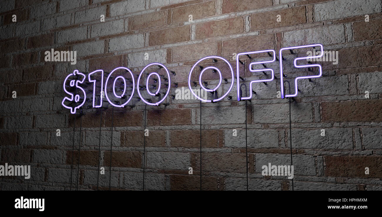 $100 OFF - Glowing Neon Sign on stonework wall - 3D rendered royalty ...