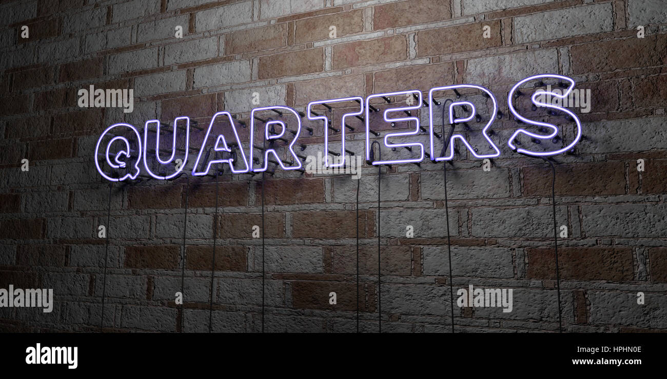 QUARTERS - Glowing Neon Sign on stonework wall - 3D rendered royalty ...