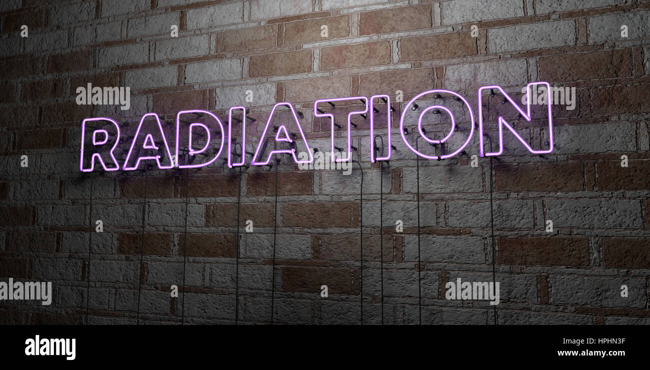 RADIATION - Glowing Neon Sign on stonework wall - 3D rendered royalty ...