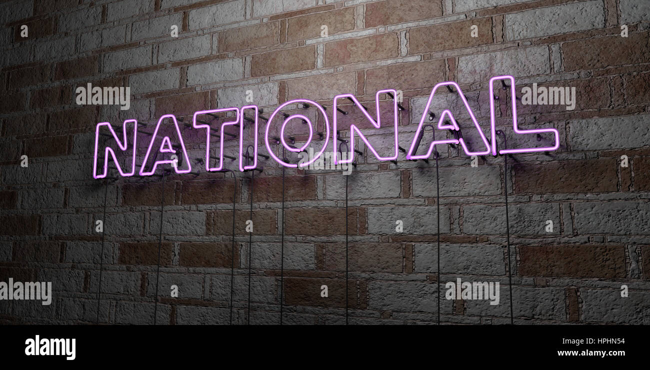 NATIONAL - Glowing Neon Sign on stonework wall - 3D rendered royalty ...