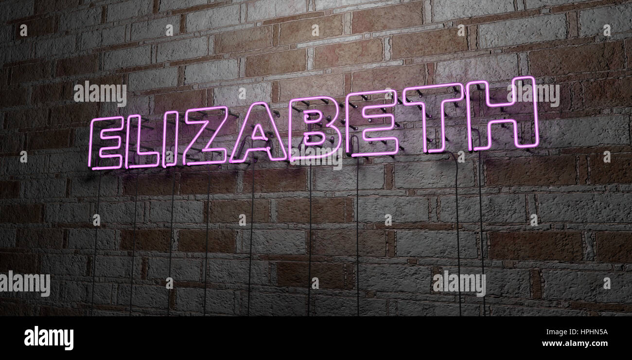 ELIZABETH - Glowing Neon Sign on stonework wall - 3D rendered royalty ...