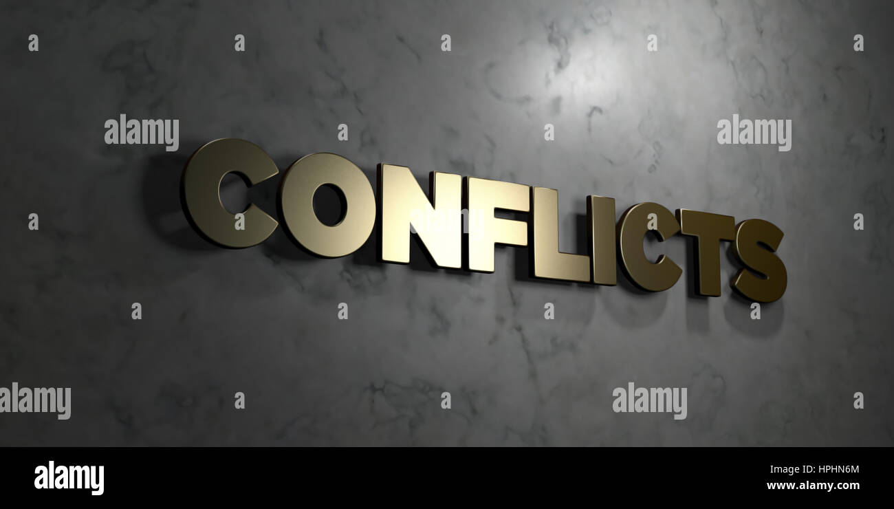 Conflicts - Gold text on black background - 3D rendered royalty free ...