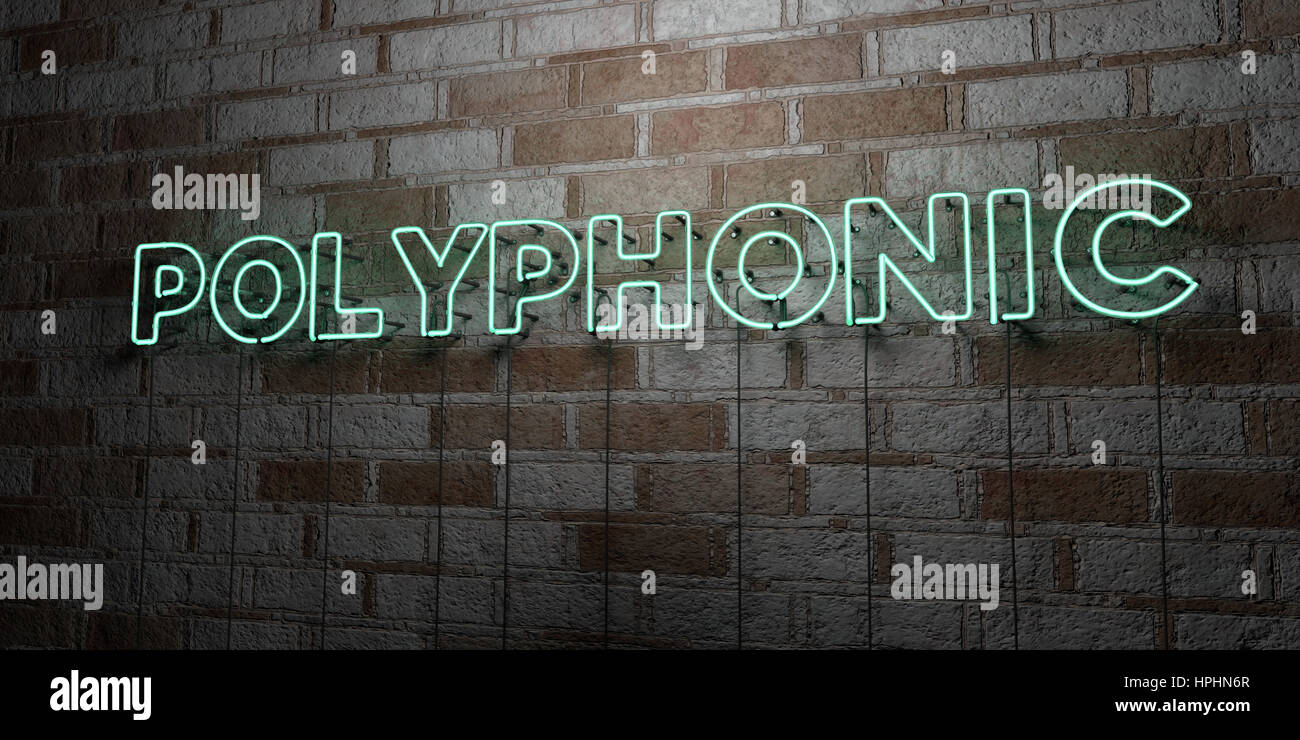 POLYPHONIC - Glowing Neon Sign on stonework wall - 3D rendered royalty free stock illustration ...