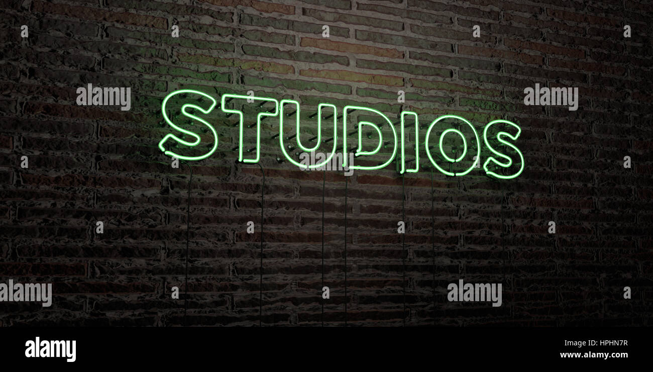 STUDIOS -Realistic Neon Sign on Brick Wall background - 3D rendered ...