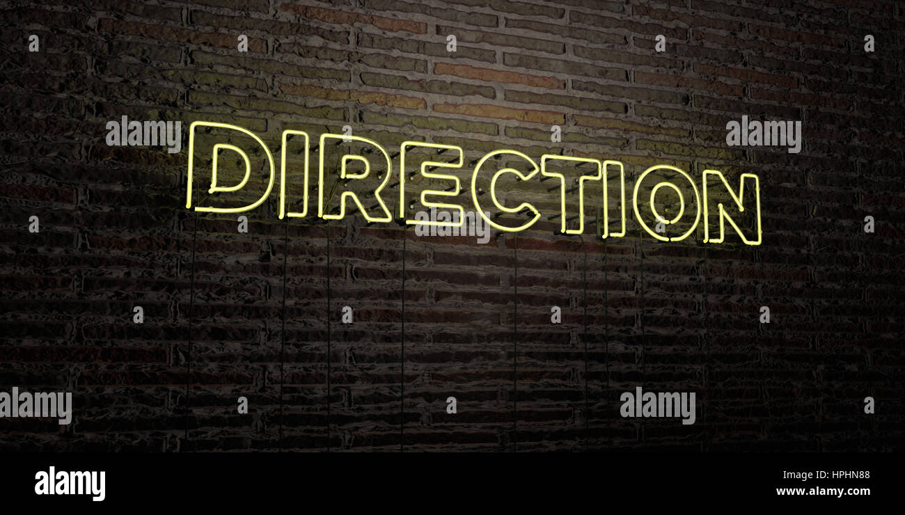 DIRECTION -Realistic Neon Sign on Brick Wall background - 3D rendered ...