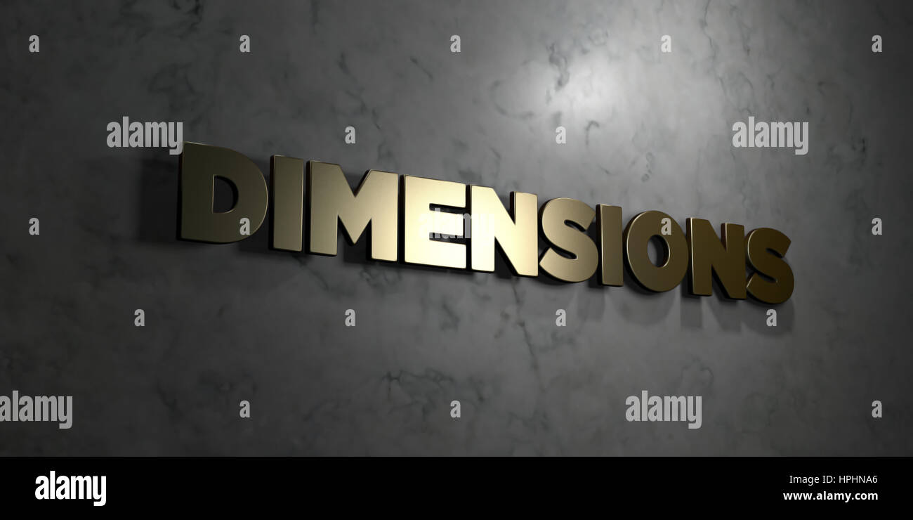 Dimensions - Gold text on black background - 3D rendered royalty free ...