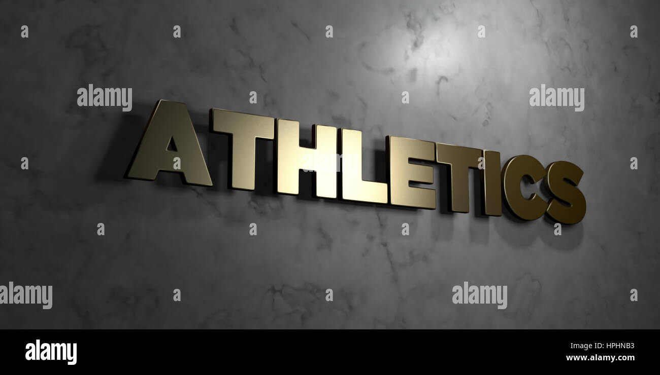Athletics - Gold text on black background - 3D rendered royalty free ...