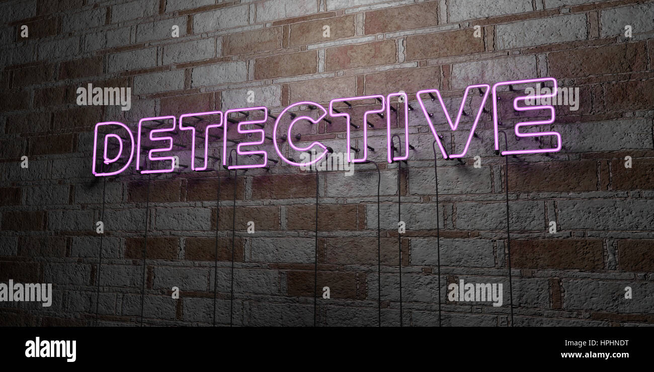 DETECTIVE - Glowing Neon Sign on stonework wall - 3D rendered royalty ...