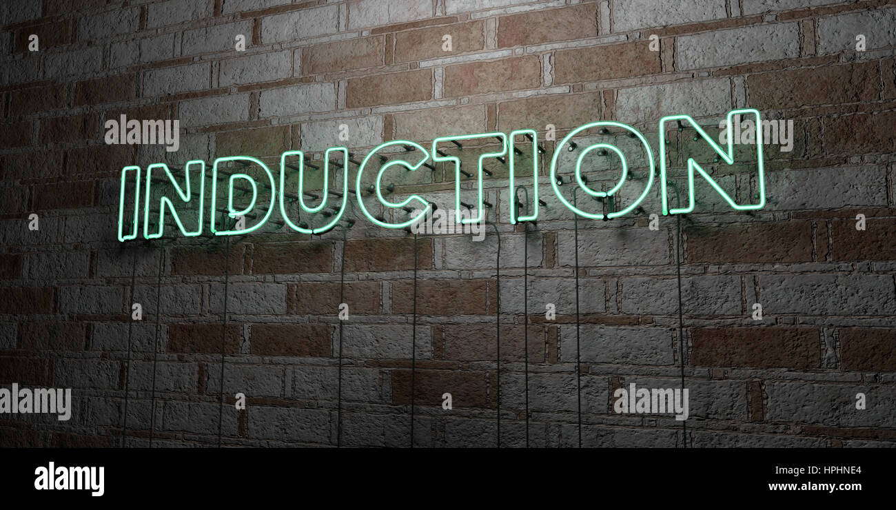 INDUCTION - Glowing Neon Sign on stonework wall - 3D rendered royalty ...