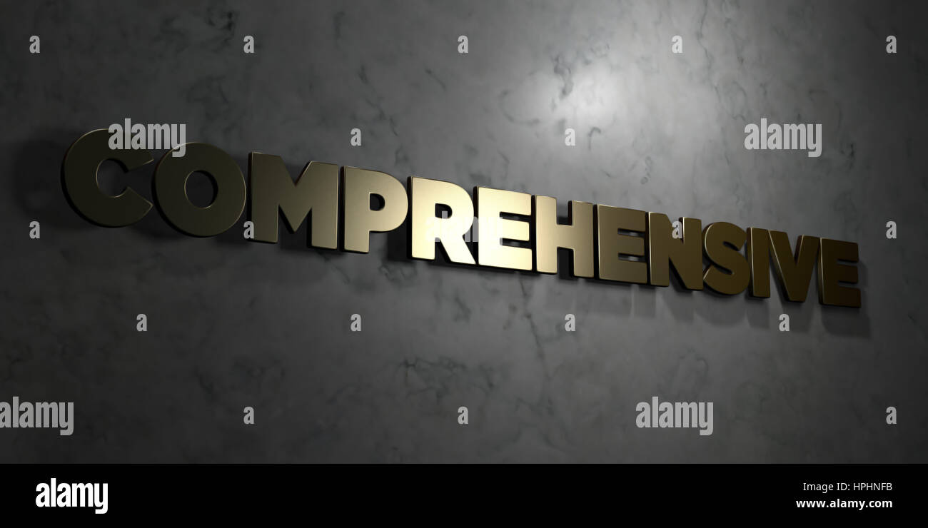 Comprehensive - Gold text on black background - 3D rendered royalty ...