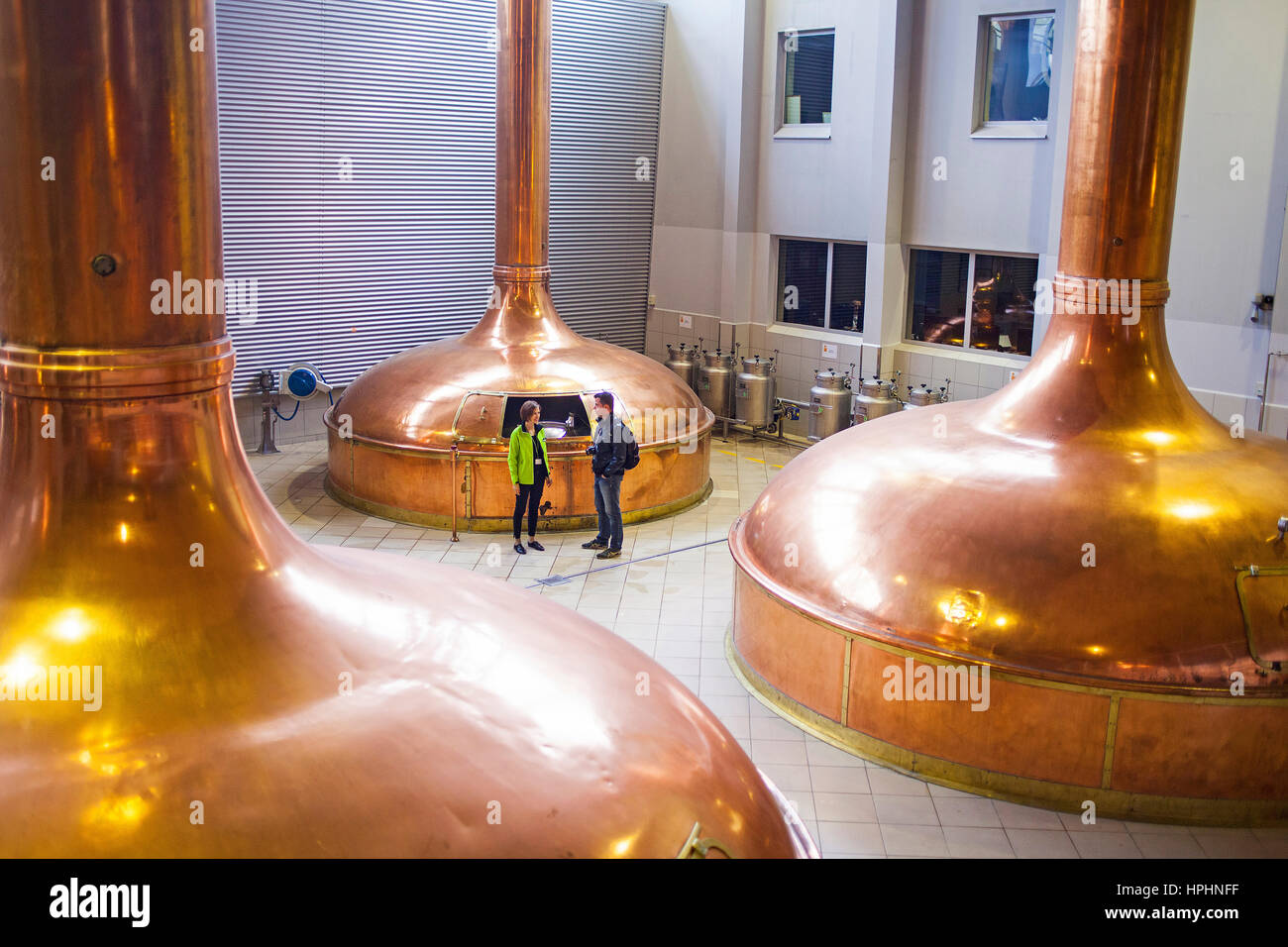 Brewing room with mash tun copper tanks, Lech brewery, Poznan, Poland ...