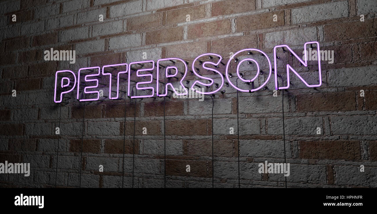PETERSON - Glowing Neon Sign on stonework wall - 3D rendered royalty ...