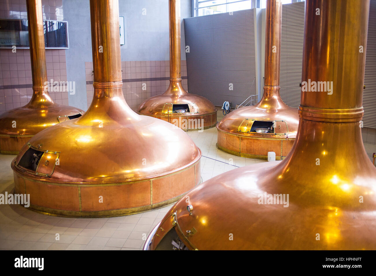 Brewing room with mash tun copper tanks, Lech brewery, Poznan, Poland ...