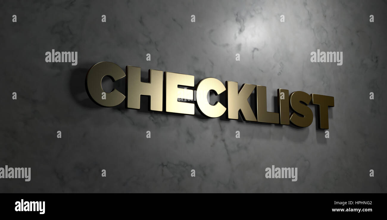 Checklist - Gold text on black background - 3D rendered royalty free ...