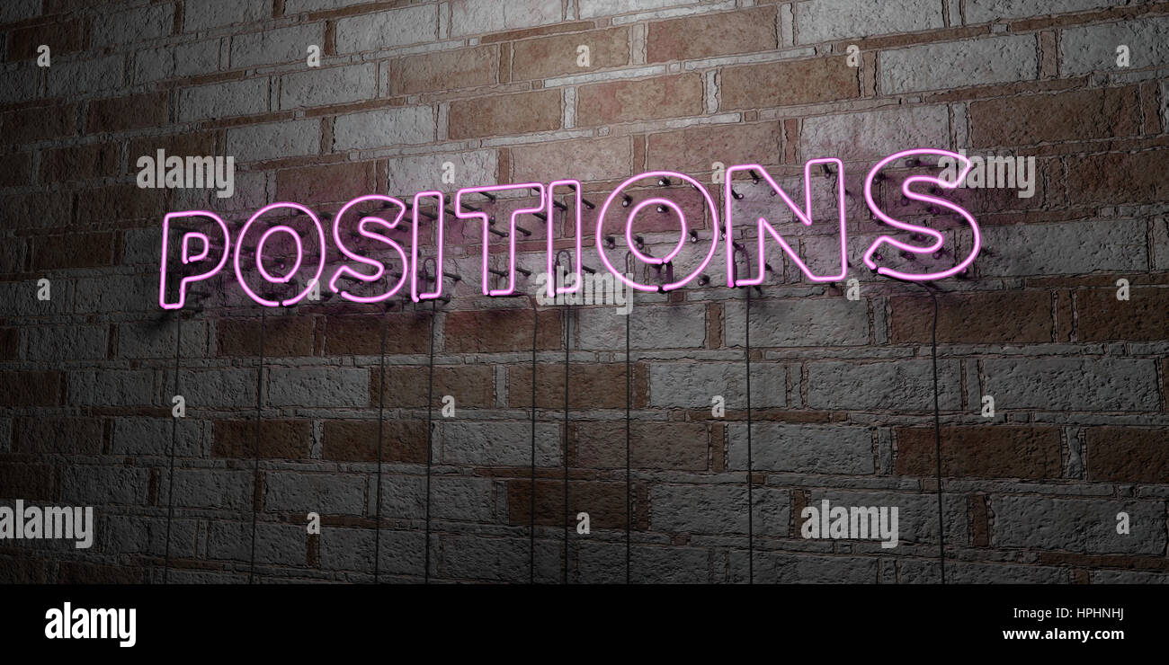 POSITIONS - Glowing Neon Sign on stonework wall - 3D rendered royalty ...