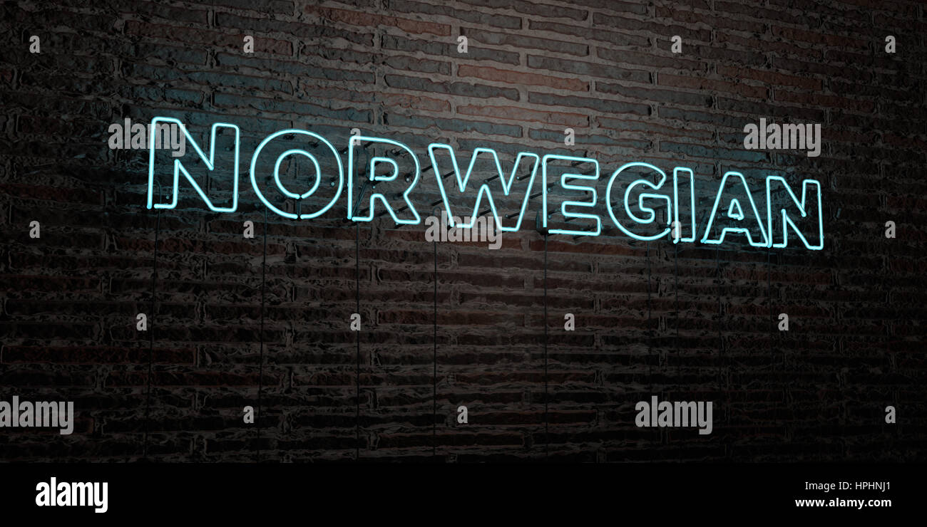NORWEGIAN -Realistic Neon Sign on Brick Wall background - 3D rendered ...