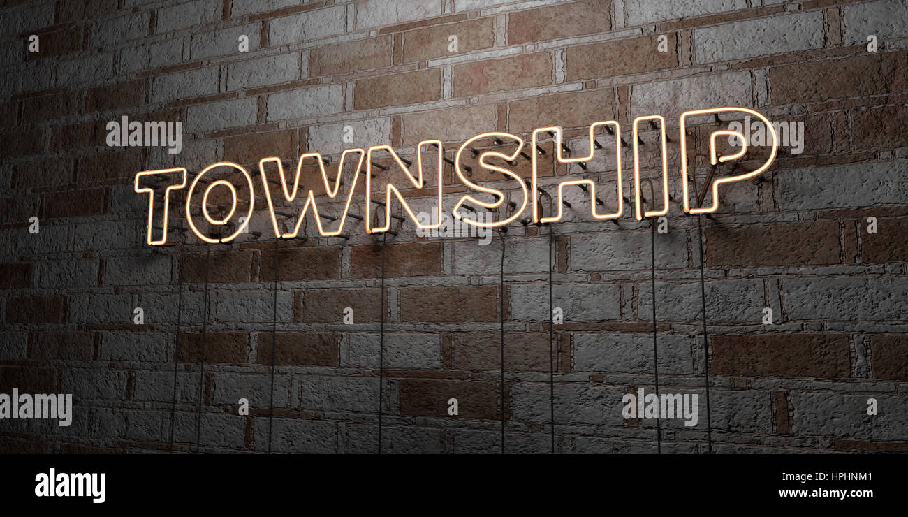 TOWNSHIP - Glowing Neon Sign on stonework wall - 3D rendered royalty ...