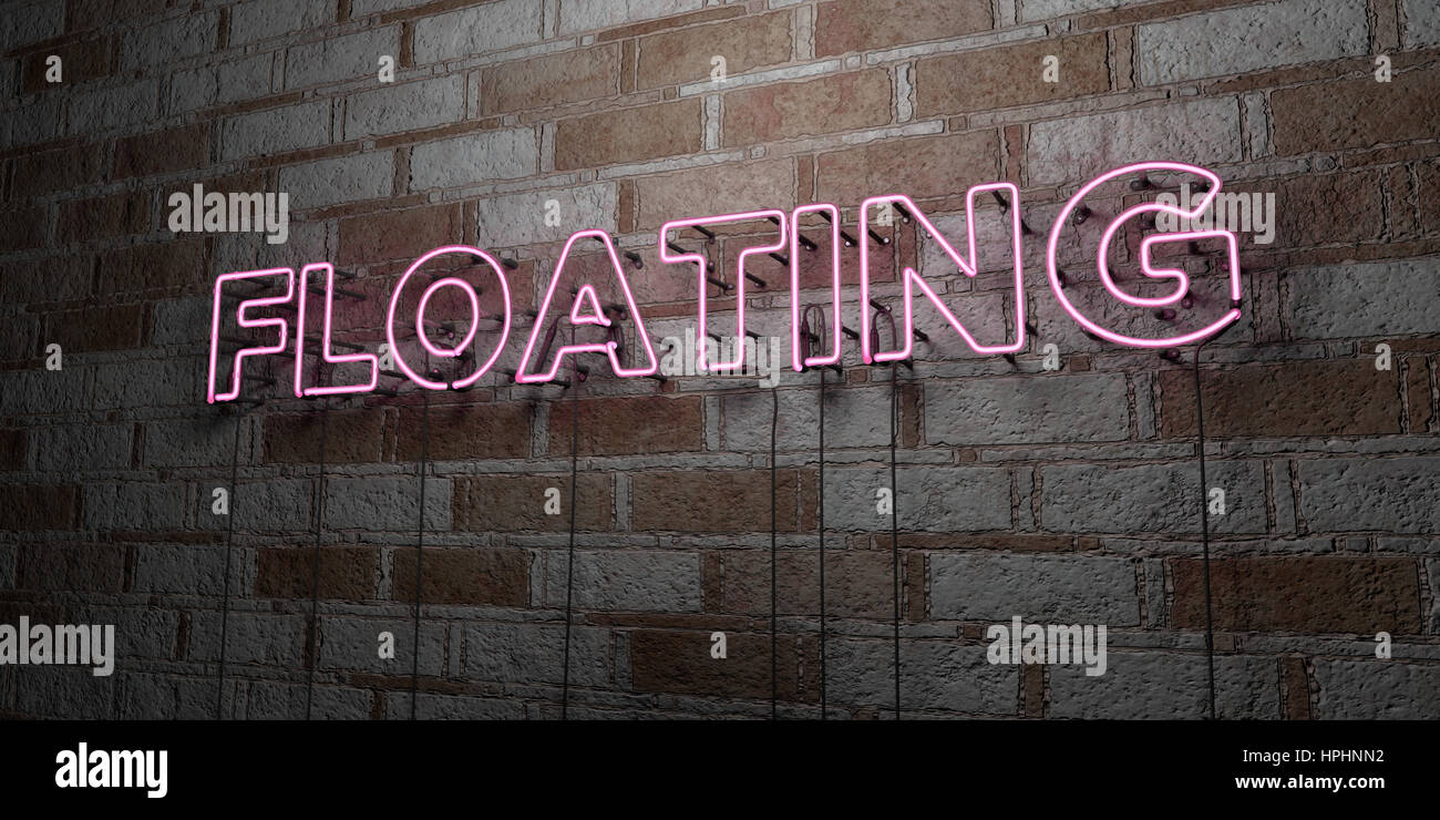 FLOATING - Glowing Neon Sign on stonework wall - 3D rendered royalty ...