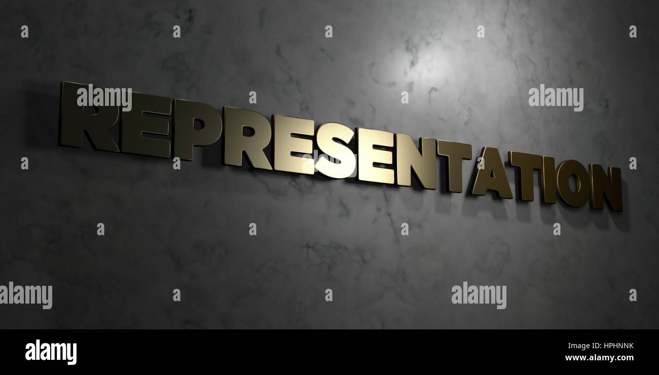 Representation - Gold text on black background - 3D rendered royalty ...