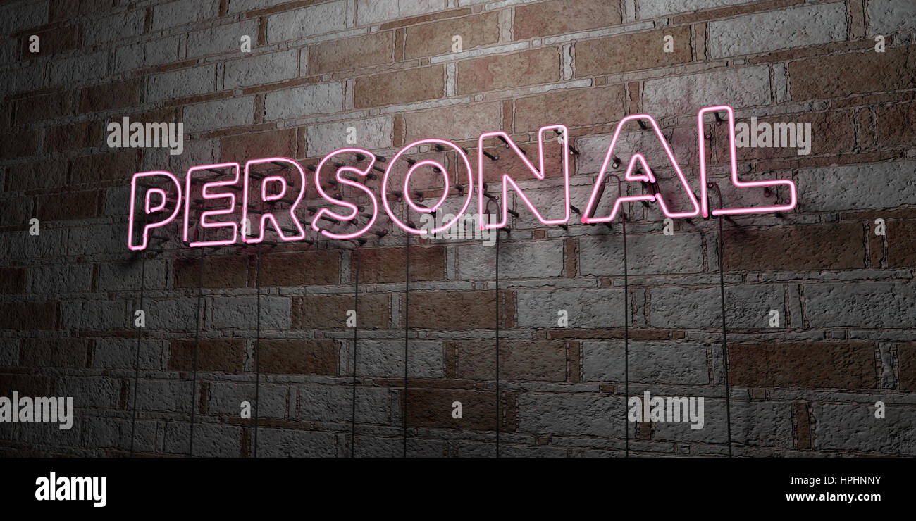 PERSONAL - Glowing Neon Sign on stonework wall - 3D rendered royalty ...