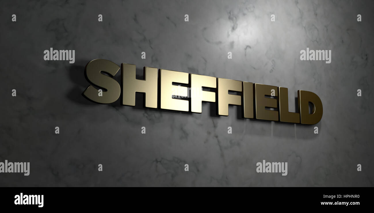 Sheffield - Gold text on black background - 3D rendered royalty free ...