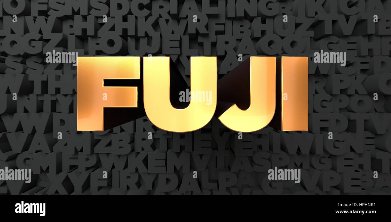 Fuji - Gold text on black background - 3D rendered royalty free stock ...
