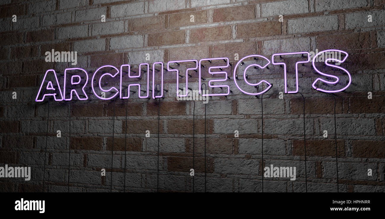 ARCHITECTS - Glowing Neon Sign on stonework wall - 3D rendered royalty ...