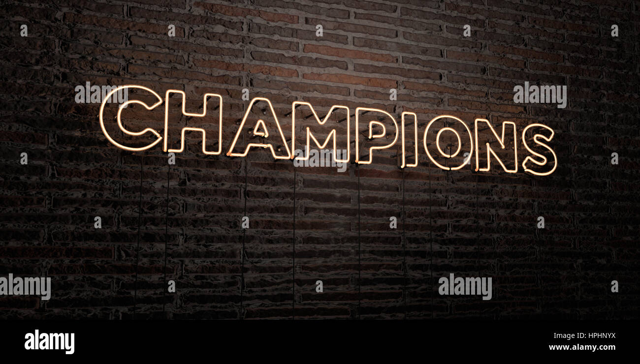 CHAMPIONS -Realistic Neon Sign on Brick Wall background - 3D rendered ...