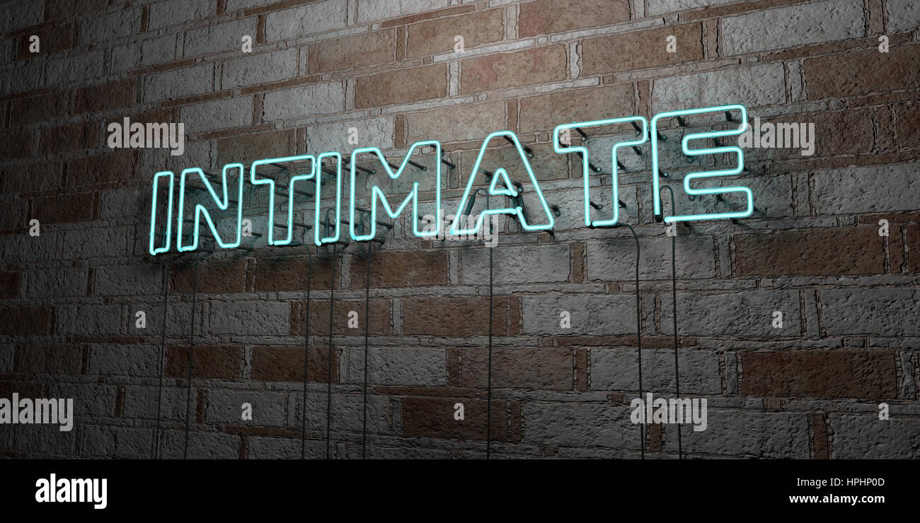 INTIMATE - Glowing Neon Sign on stonework wall - 3D rendered royalty ...