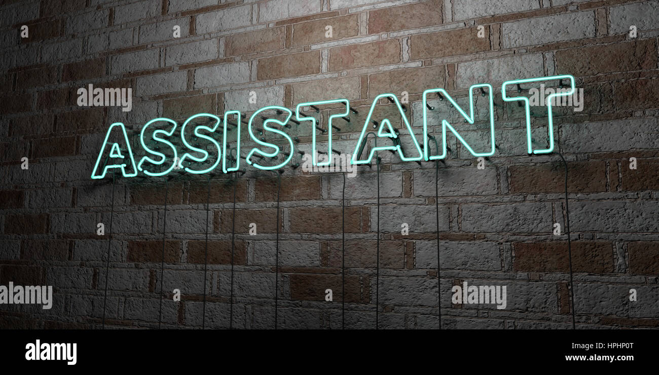 ASSISTANT - Glowing Neon Sign on stonework wall - 3D rendered royalty ...