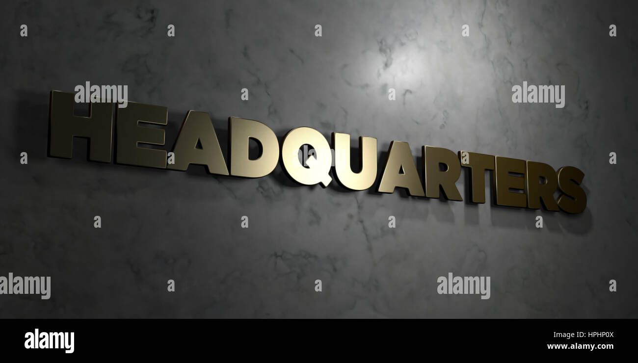 Headquarters - Gold text on black background - 3D rendered royalty free ...