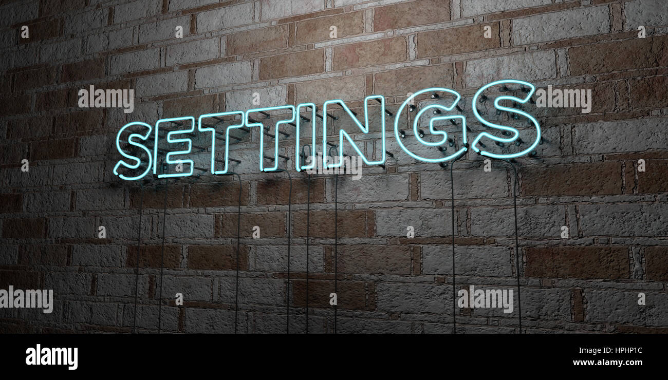SETTINGS - Glowing Neon Sign on stonework wall - 3D rendered royalty ...