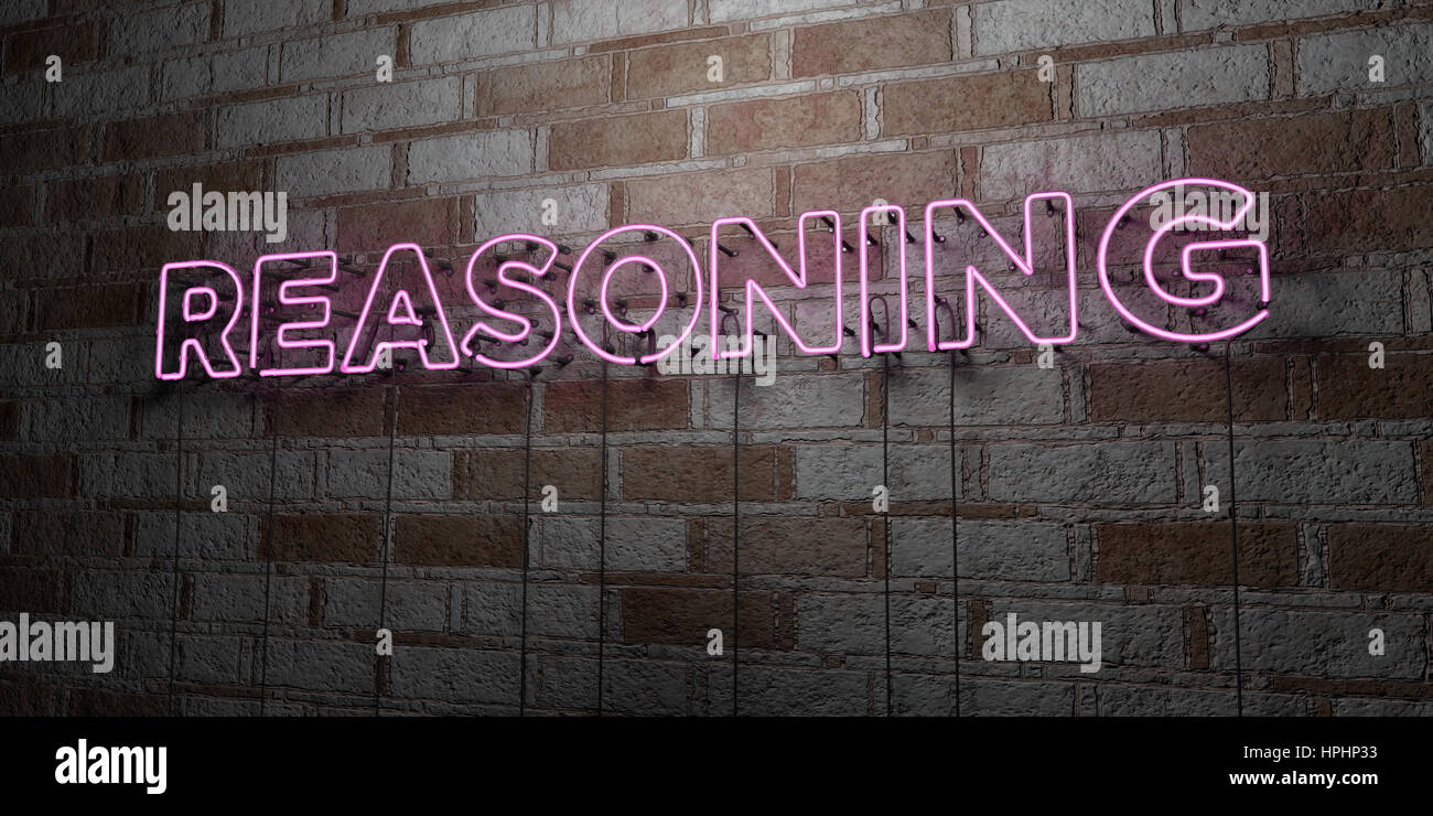 REASONING - Glowing Neon Sign on stonework wall - 3D rendered royalty ...