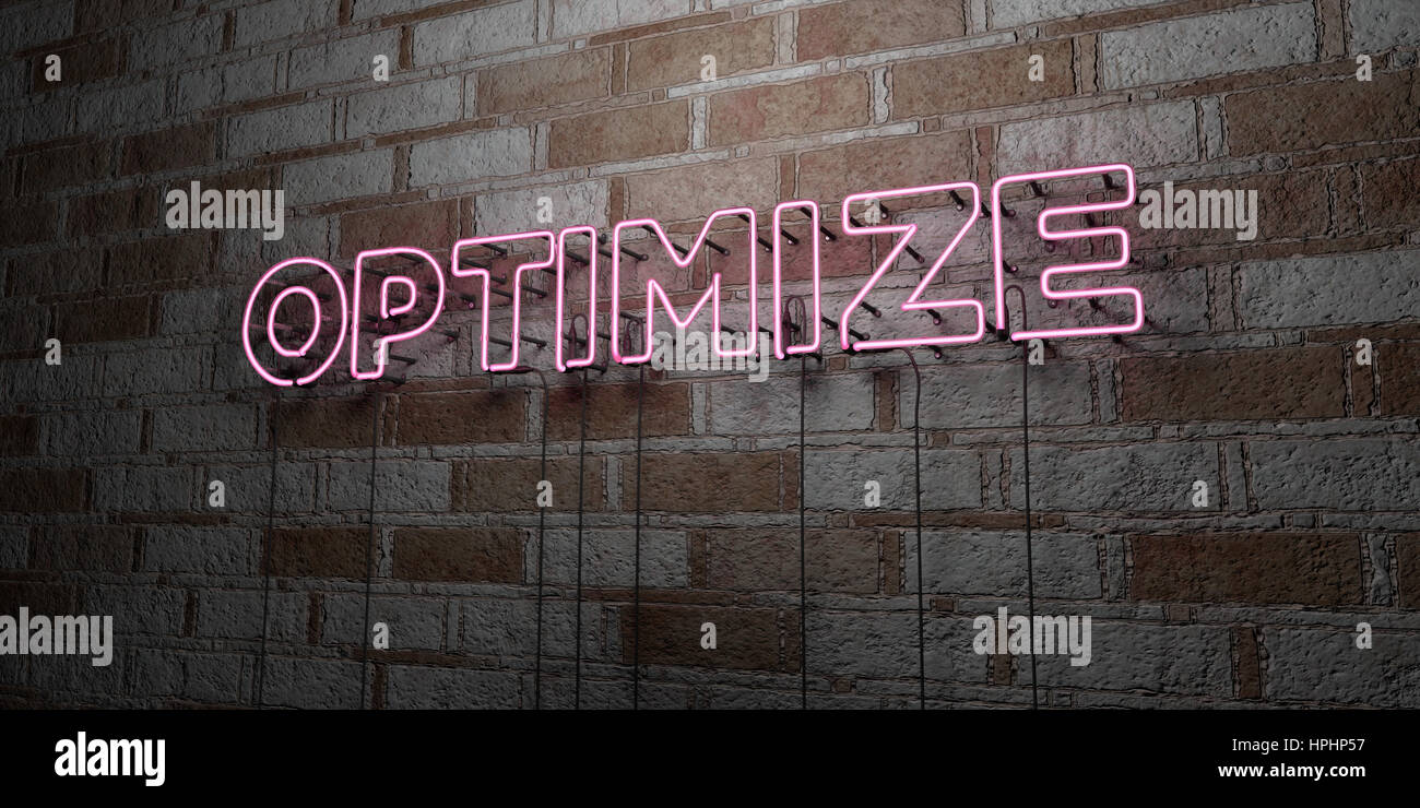 OPTIMIZE - Glowing Neon Sign on stonework wall - 3D rendered royalty ...